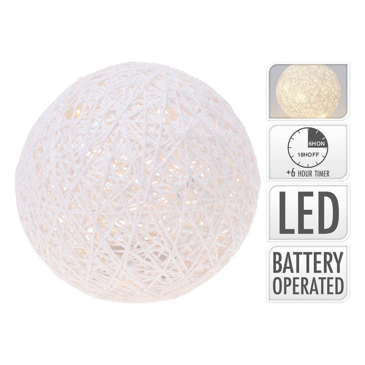 Sfera luminosa in rafia con luce LED 15 cm glitter bianco